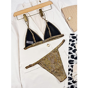 YAUASOPA Women Shiny Bikini Micro Sexy String Two Pieces Swimsuit Female Thong Swimwear (Large,Gold)