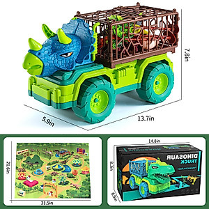 MAGICDINOSAUR Triceratops Dinosaur Truck Toy for Kids 3+ Years, Large Vehicle Carrier Car Toys, Monster Truck with Cage, Dino Eggs, Jurassic Dino Figures and Play Mat, Gift for Boys