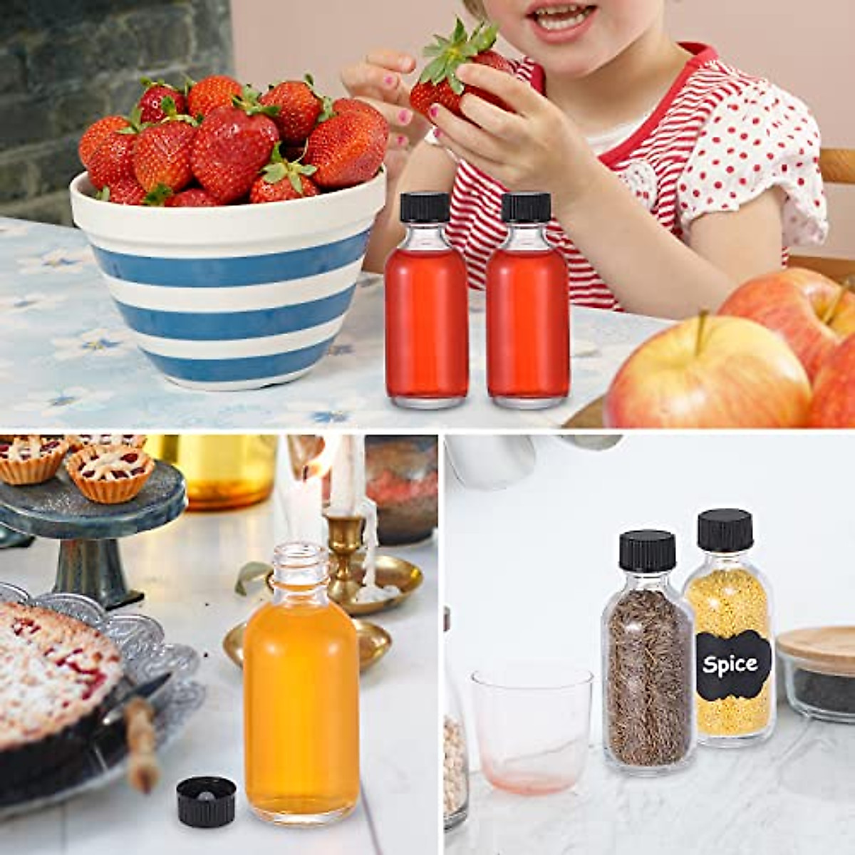 MMonDod (Pack of 72) 2oz Small Clear Glass Bottles(60ml) with Lids Boston Round Travel Bottles for Vanilla Hot Sauce Juice Whiskey Liquid come with 72 Labels,5 Funnels,5 Droppers,1 Brush&Chalk Marker