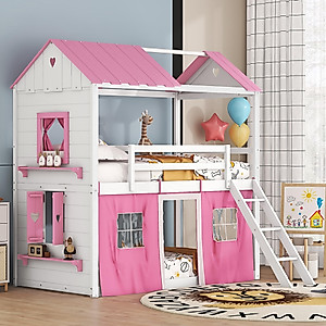 SOFTSEA Full Over Full Bunk Bed Frame, Floor Low Bunk Bed with Tent and Windows Sills, Wood Bunk Bed Frame with Slide Ladder and Guardrails, Full Size House Shaped Bunk Bed for Kids, Pink