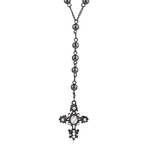 LUX ACCESSORIES Crystal Black Rosary Catholic Rhinestone Long Cross Beads Chain Necklace