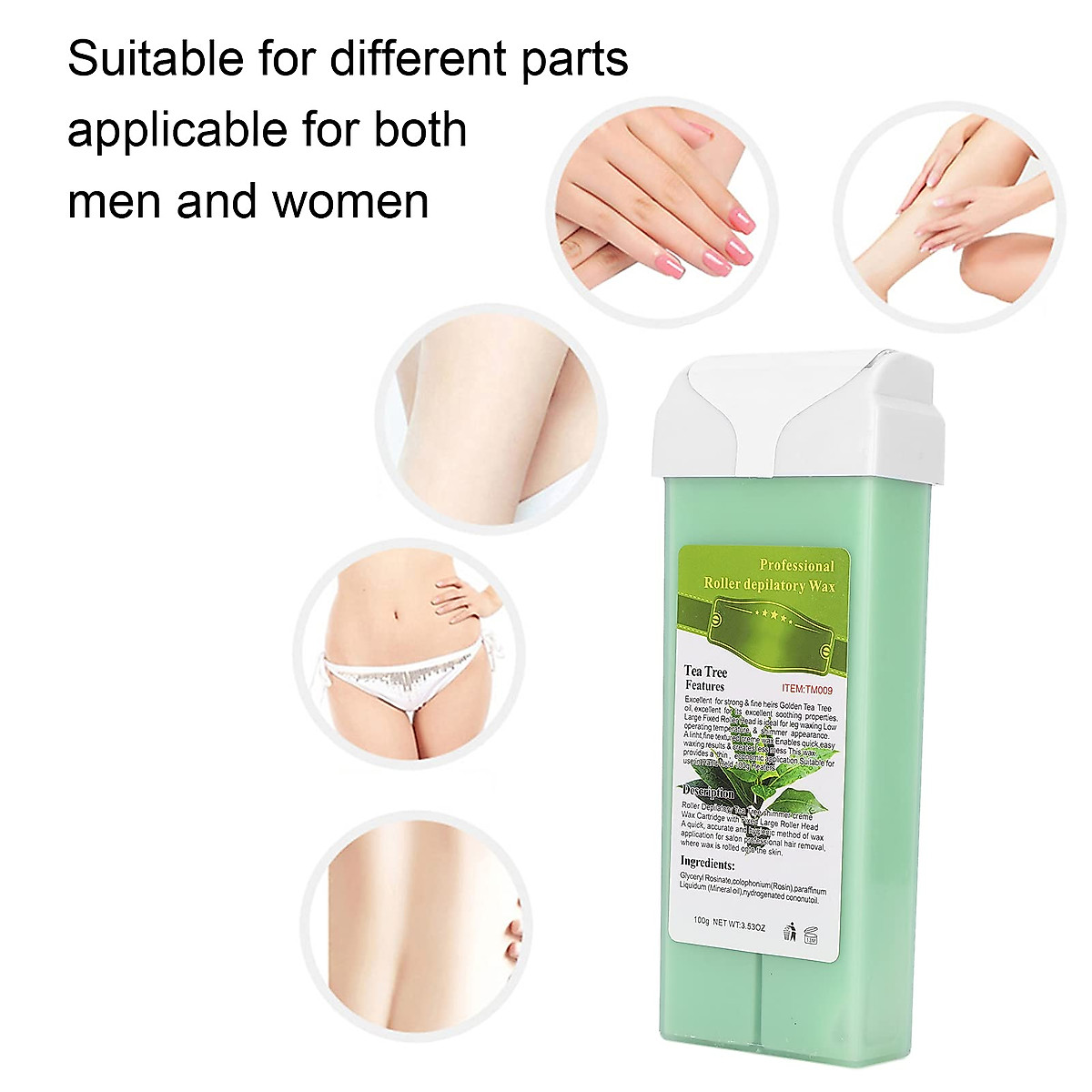 Roll-On Wax Cartridge for Hair Removal 100g Roller Depilatory Wax for Body Legs Arms Armpit Bikini Hair Removal Professional or Home Uses(Tea Tree)