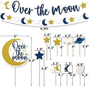 Sinasasspel Over the Moon Baby Shower Decorations Space Party Banner Moon Star Cake Cupcake Toppers Navy Blue Gold Balloons for Twinkle Twinkle Little Star Outer Space First Birthday Supplies