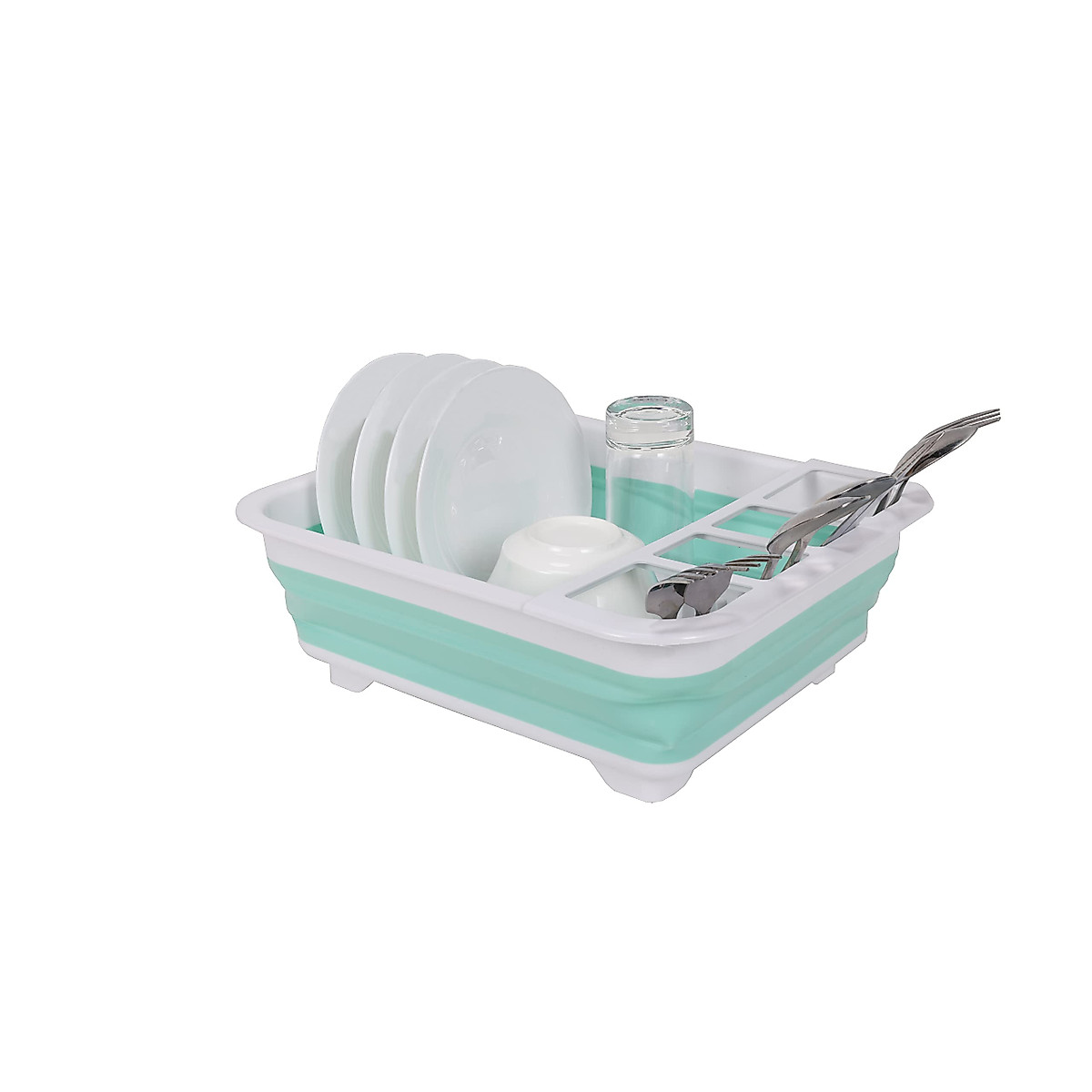 J&V TEXTILES Collapsible Dish Drying Rack - Popup for Easy Storage, Drain Water Directly into The Sink, Room for Eight Large Plates, Sectional Cutlery and Utensil Compartment, Compact (Blue)