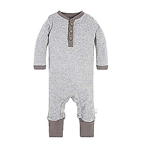 Burt's Bees Baby Baby Boys Matelasse Organic Kimono One Piece Jumpsuit and Toddler Footie, Heather Grey Elbow Patch Henley, 3-6 Months US