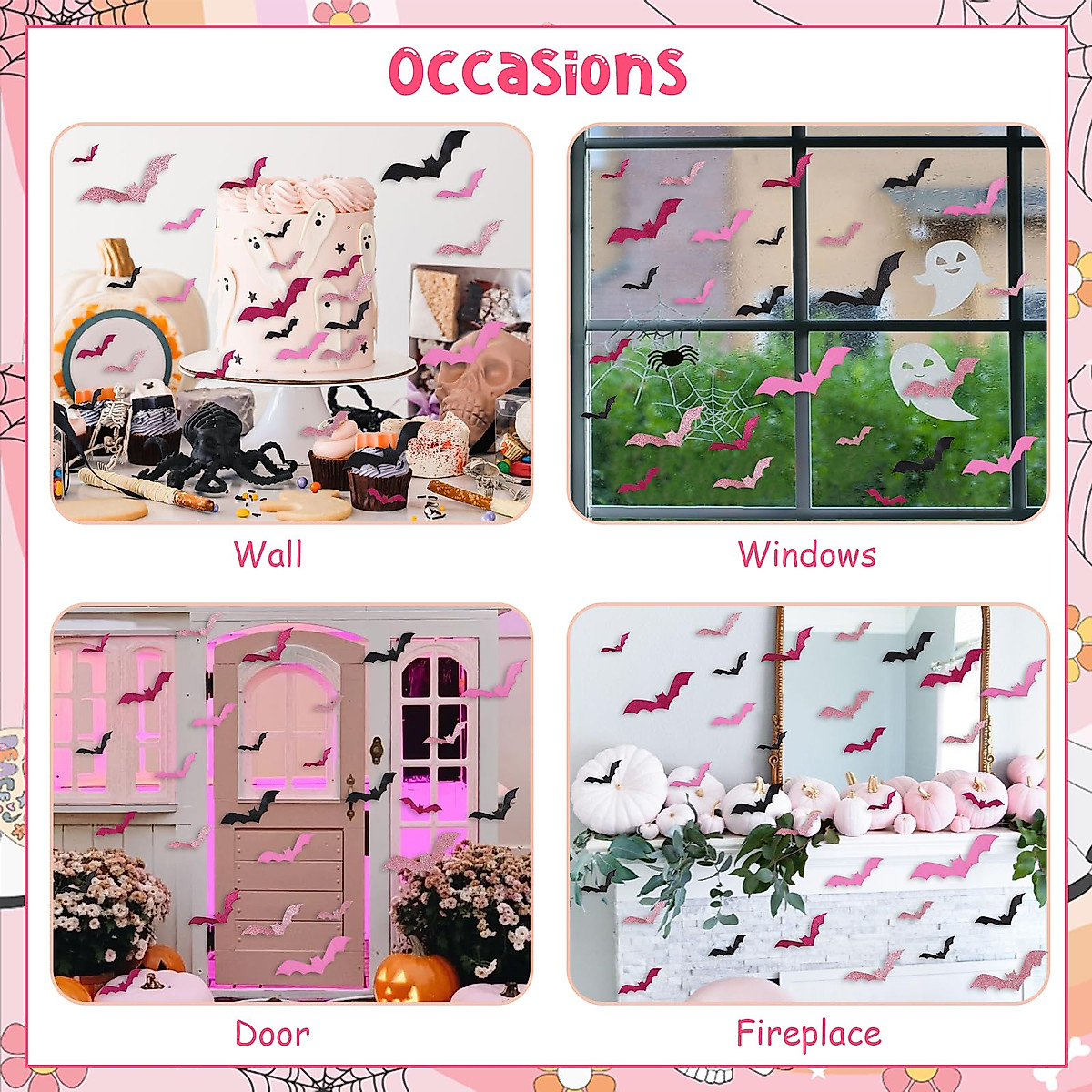 Susurprise Bat Wall Decor, 48PCS 3D Halloween Bat Wall Stickers, Bat Wall Decals Pink Black Hot Pink for Halloween Party Decorations Halloween Home Room Bathroom Indoor Outdoor Decor