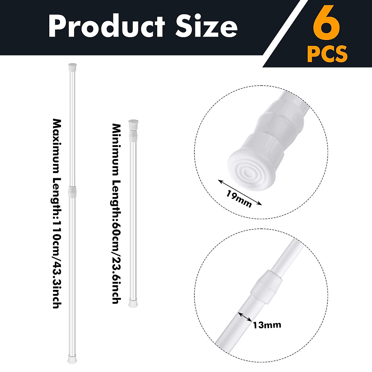 6 Pcs Black and White Sliding Door Security Bar Window Security Bar Adjustable Sliding Glass Door Bar Sliding Door Security Stick with Rubber Tips for Home Sliding Windows Door