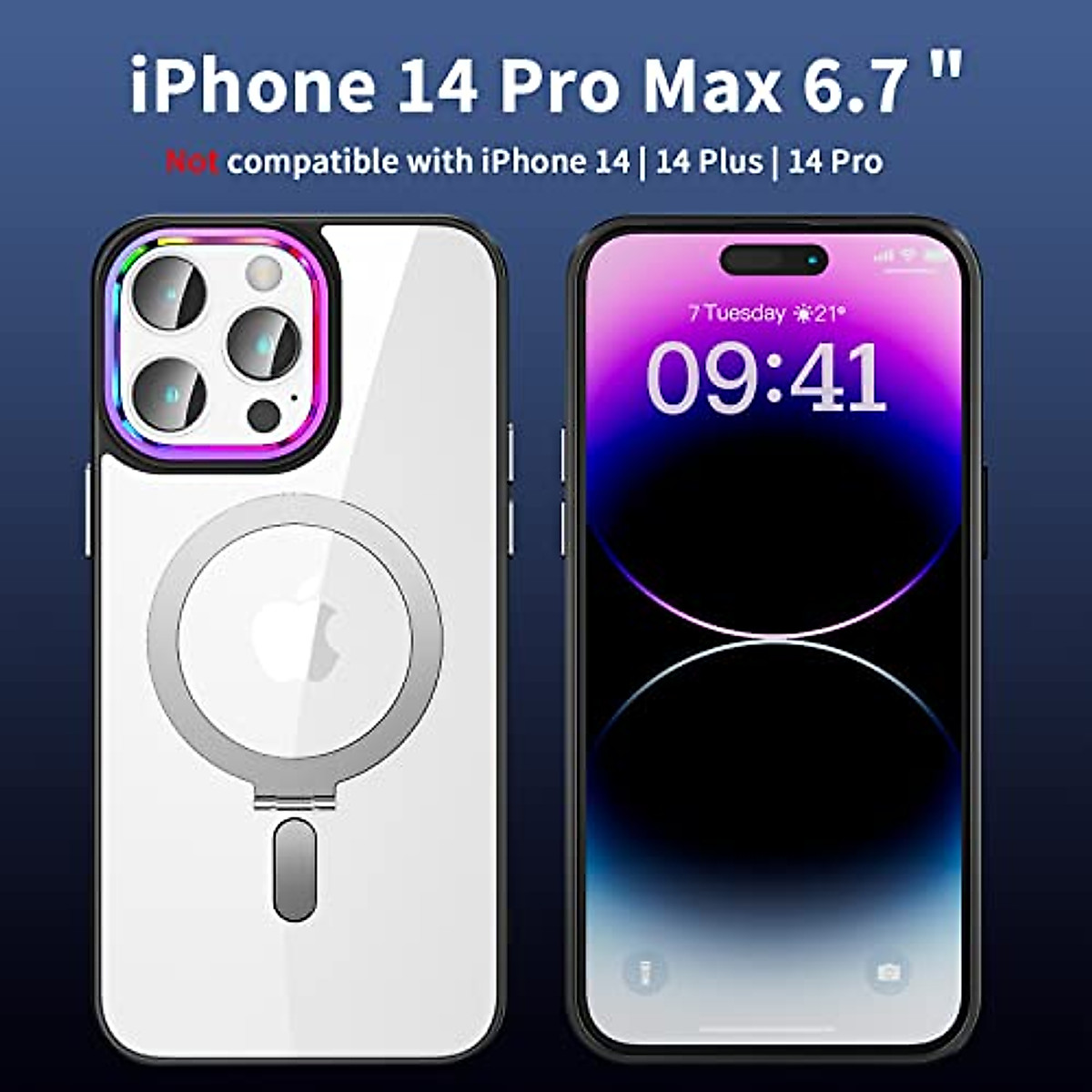Facweek Designed for iPhone 14 Pro Max Case Clear, Invisible Magnetic Stand Case [Compatible with MagSafe] with Colorful Camera Bezel [1x Lens Protector+2X Screen Protector] 6.7 Inch, Clear and Black