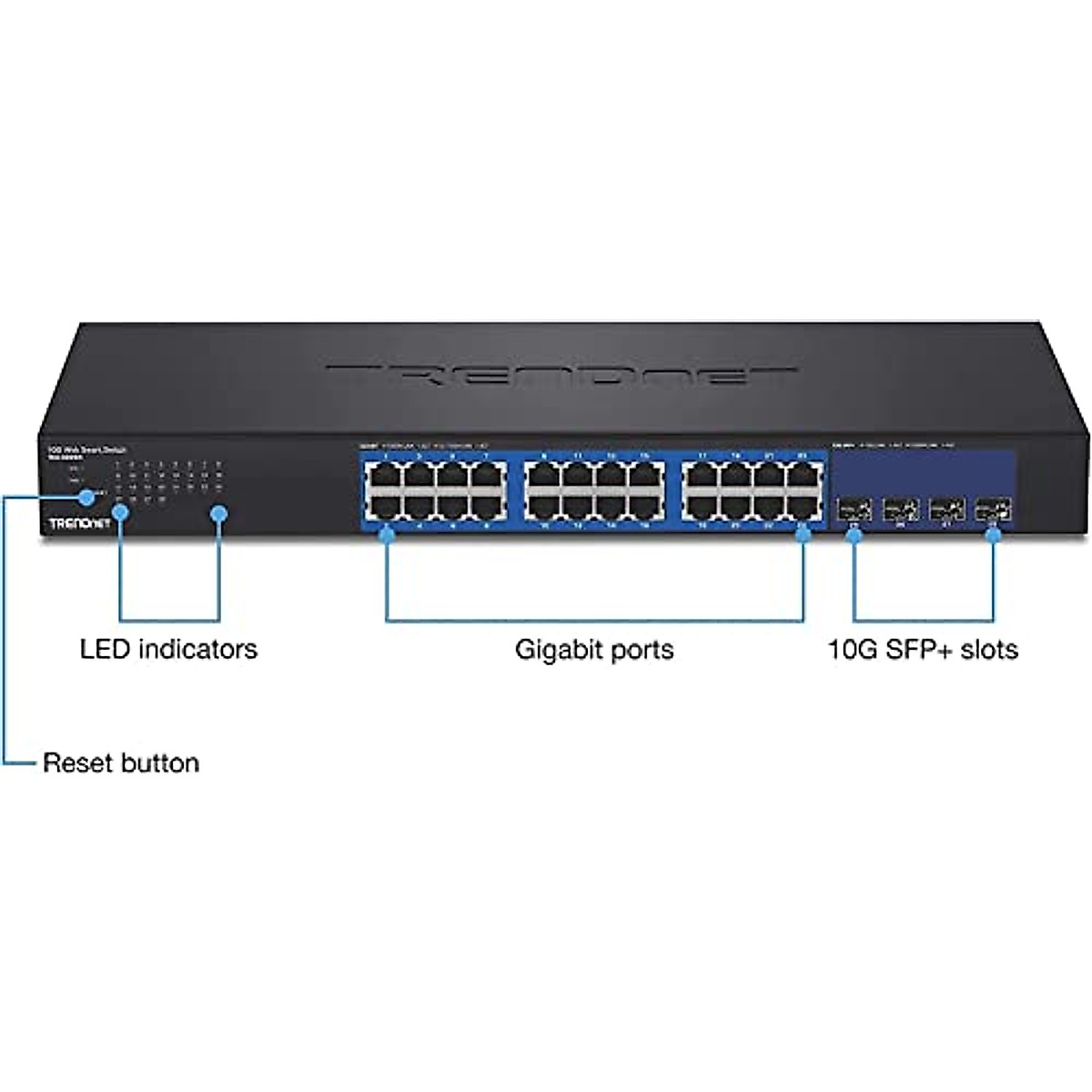 TRENDnet 28-Port Web Smart Switch, 24 x Gigabit Ports, 4 x 10G SFP+ Slots, High Speed Network Uplinks, 128 Gbps Switching Capacity,1U Rack Mountable,Lifetime Protection, Black, TEG-30284