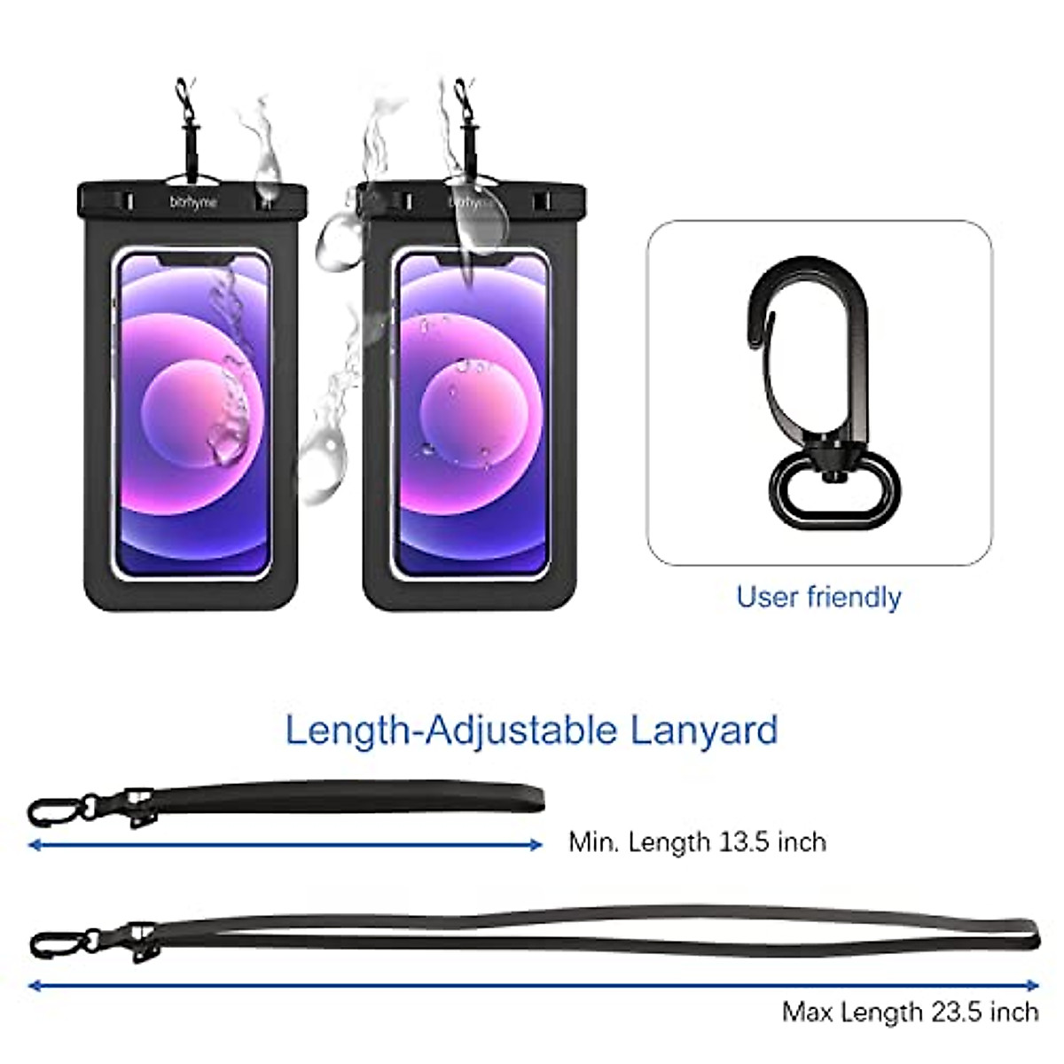 bitrhyme Waterproof Phone Case 2 Packs IPX8 Universal Waterproof Phone Pouch Underwater Phone Bag for Beach Swimming Kayaking up to 7 Inches (Black/Black)