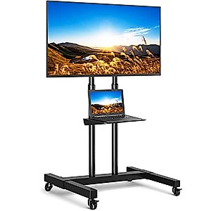 Mobile TV Cart for 32-75 Inch Screens up to 110 lbs, Height Adjustable Rolling TV Stand with Locking Wheels and Metal Shelf, Portable Outdoor Floor TV Stand Movable Monitor Holder for Home Office