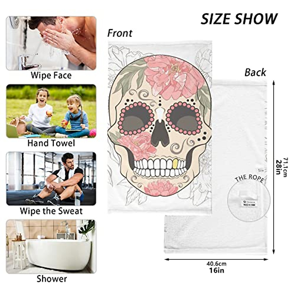 ALAZA Floral Sugar Skull Day of Dead Hand Towels for Bathroom 1OO% Cotton 2 pcs Face Towel 16 x 28 inch, Absorbent Soft & Skin-Friendly