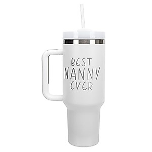 Elanze Designs Best Nanny Ever Childcare Au Pair 40 oz. Stainless Steel, Large Water Bottle Coffee Mug, Spill & Leak Resistant, Thermal Travel Tumbler with Handle, Lid & Straw, White