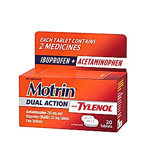 Motrin Dual Action with Tylenol, Dual Action Pain Reliever with Ibuprofen & Acetaminophen, Two Medicines for Minor Aches & Pains, Ibuprofen (NSAID) 125 mg & Acetaminophen 250 mg, 20 ct
