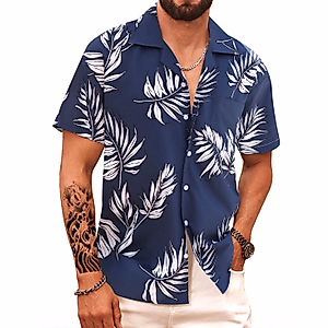 APTRO Men's Hawaiian Shirt Short Sleeve Tropical Vacation Button Down Beach Floral Palm Shirts #024 Navy L