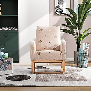 Modern Rocking Chair for Nursery High Back,Mid Century Accent Rocker Armchair With Side Pocket, Wooden Rocking Chair for Living Room Baby Kids Room,Nursing Comfy Chairs for Mom,Gift,Beige Boucle