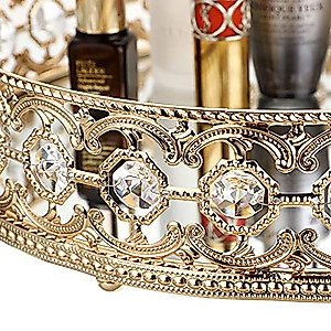 ELLDOO Crystal Mirror Vanity Tray - 9.8" Round Jewelry Trinket Tray Gold Decorative Tray for Dresser Glass Makeup Tray Bathroom Tray Storage Perfume Organizer for Bedroom