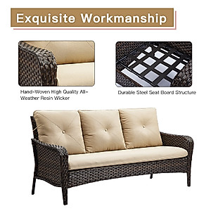 Rilyson Outdoor Patio Sofa, 3-Seat Patio Sectional PE Wicker Sofa, Outdoor Wicker Couch with Deep Seating and Cushions