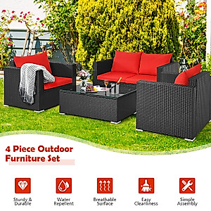 Tangkula 4 Piece Patio Rattan Conversation Furniture Set, Outdoor Wicker Sofa Set with Padded Cushion & Tempered Glass Coffee Table, Wicker Sectional Sofas and Table for Courtyard Balcony Garden