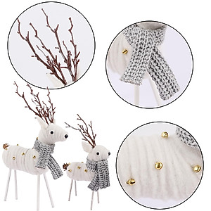 winemana 2 Pcs Plush Fabric White Figurines Reindeer with Scarf Bells Christmas Table Ornaments, Tabletop Standing Deer Christmas Decorations for Home Kitchen Centerpieces Xmas Winter Holiday Party