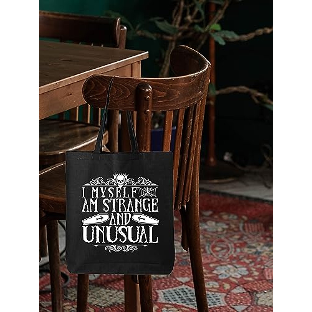 shop4ever I Myself am Strange and Unusual Halloween Trick or Treat Eco Cotton Tote Reusable Shopping Bag Black ECO 1