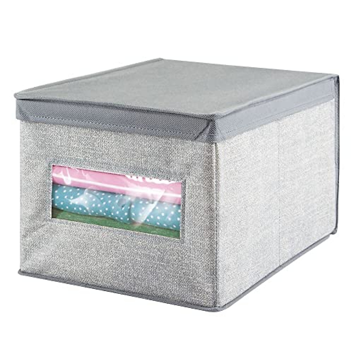 mDesign Large Fabric Stackable Closet Organizer Box with Clear Window/Lid for Bedroom, Office, Bathroom, Mudroom Organization - Shoe, Sweater, Clothes Storage, Lido Collection, 4 Pack, Gray