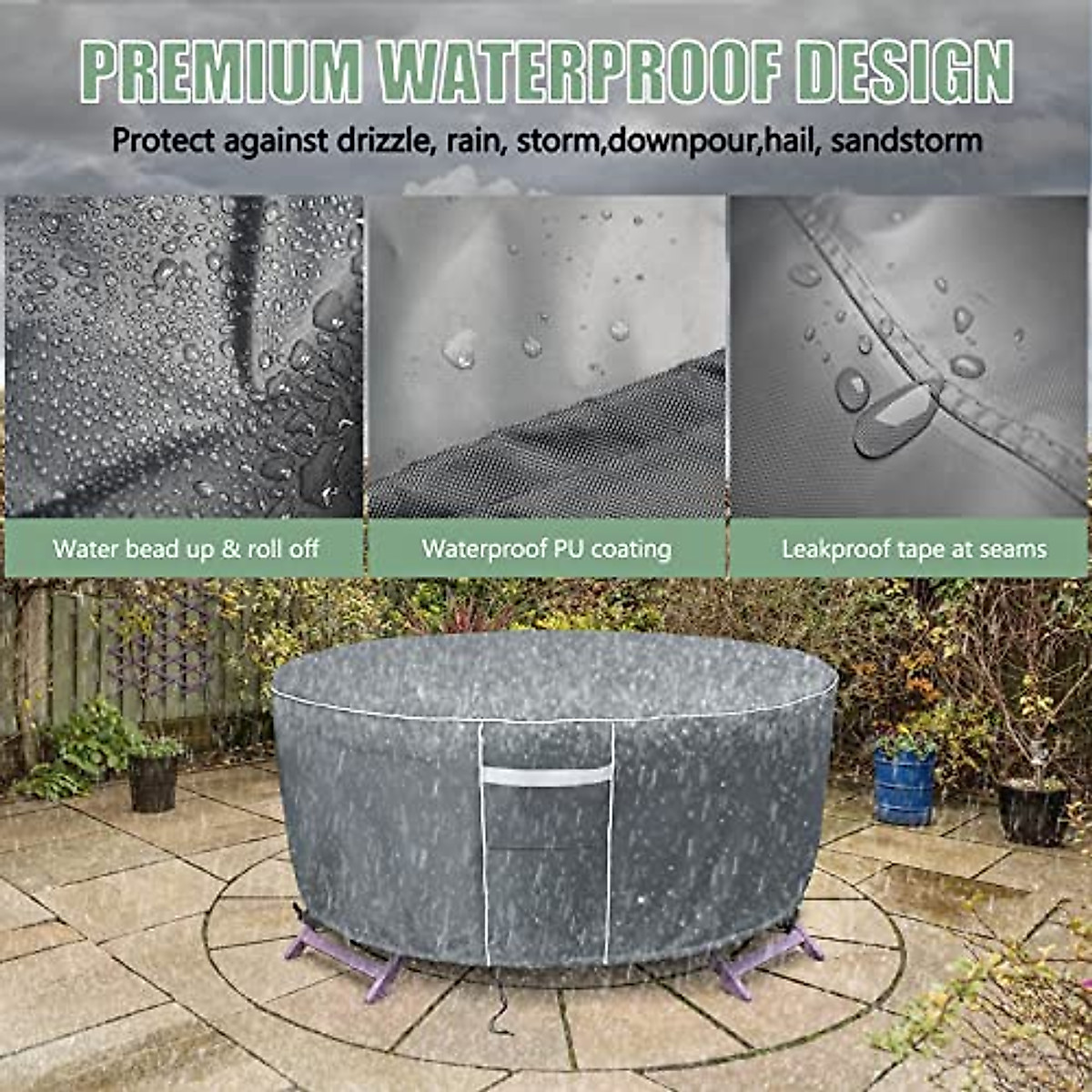 Gasadar Patio Furniture Covers, Round Outdoor Furniture Cover Waterproof, 500D Heavy Duty, 62" Dia x 28" H Round Patio Table Cover, Outdoor Cover for Patio Furniture Table and Chairs Set -Grey