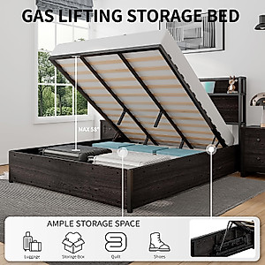 LUXOAK King Size Lift Up Storage Bed, Wood Platform Bed Frame with Storage Headboard & Charging Station, No Box Spring Needed, Easy Assembly, Black