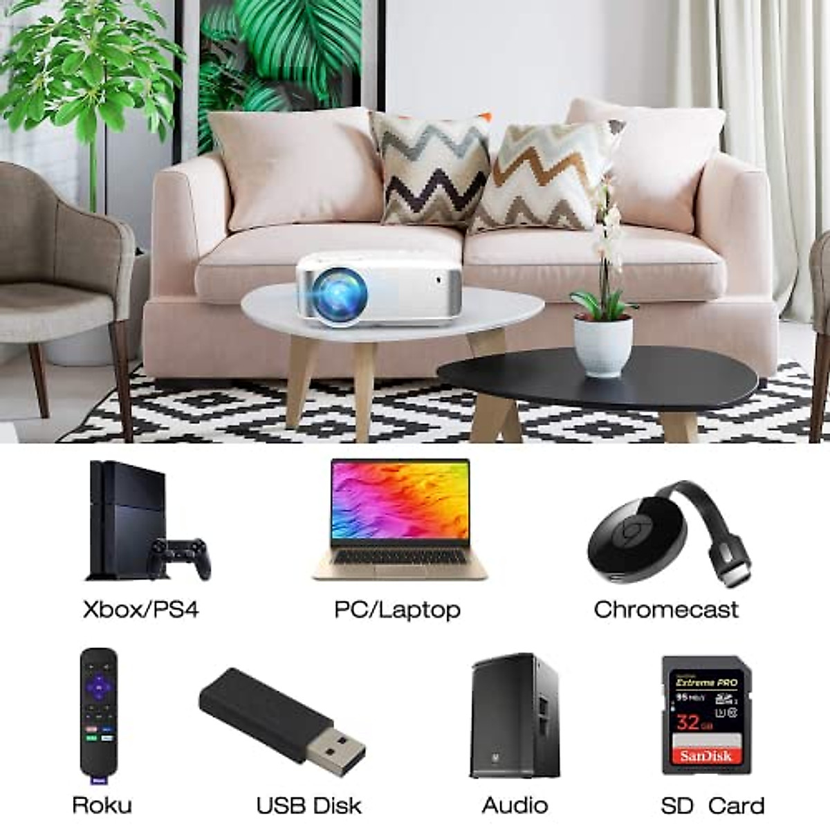 VYSER Projector, 7500L Mini Outdoor Movie Projector with 60,000hrs Lamp Life, Full HD 1080P Supported, Portable Video Projector Compatible with TV Stick, HDMI, USB, VGA, AV, Smartphone