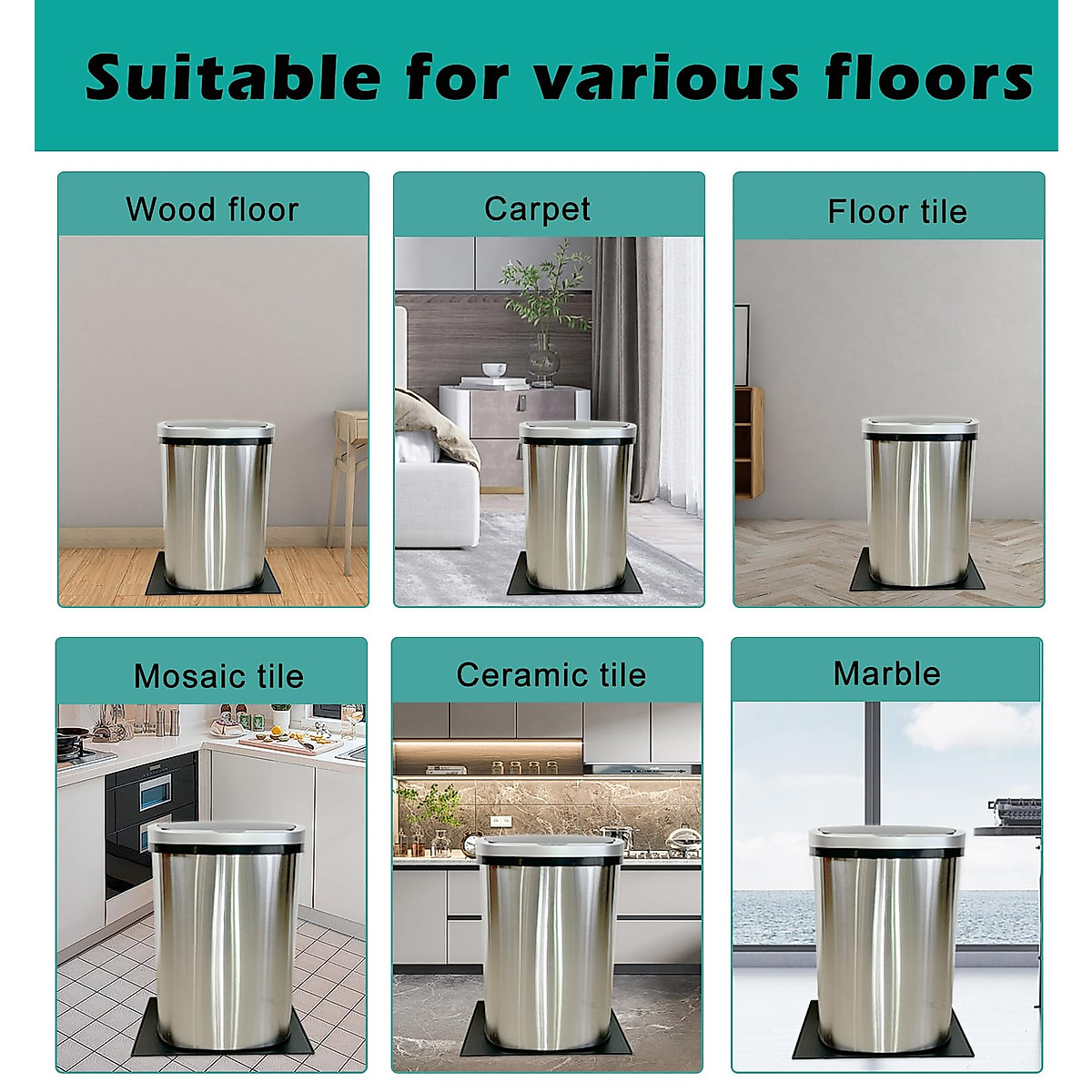 Luccov Trash Can Mat, Waterproof Raised Edge Silicone Under Garbage Can Mat, 11.8" X18.9" Non-Slip Trash Can Pad for Kitchen Office Bedroom Reduce Floor Carpet Wall Scratches, Black