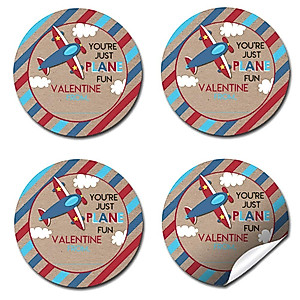 You’re Just Plane Fun Airplane Valentine Party Favor Sticker Labels for Boys, 40 2" Party Circle Stickers by AmandaCreation, Great for Classroom Valentines, Envelope Seals, Gifts & Treats