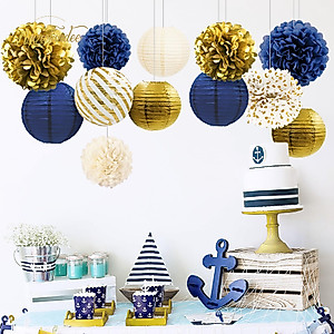 NICROLANDEE Navy Blue and Gold Decorations, 12PCS Hanging Paper Lanterns Tissue Pom Poms Decor for Graduation Party, Winter Wedding, Mens Birthday, Memorial Day Decorations, New Years Party Supplies