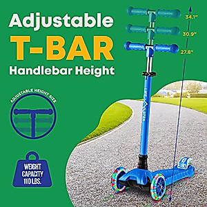 Kids Scooter – Children and Toddler 3 Wheel Kick Scooter – LED Wheel Lights Illuminate When Rolling– Adjustable Handlebar – Indoor and Outdoor Blue - Lifemaster