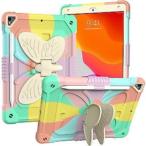 Tading iPad 9th 8th 7th Generation Case for Kids with Pencil Holder, iPad 10.2 Case, Butterfly Kids Proof Kickstand Cover for Girls for iPad 10.2 inch 2021 2020 2019 - Rainbow