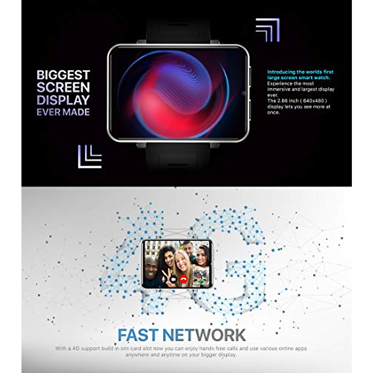 Rainbuvvy Smart Watch Men 3GB +32GB 2700mAh 2.86" Large Screen with Face ID Camera GPS WiFi 4G Android Smartwatch Phone (Silver)