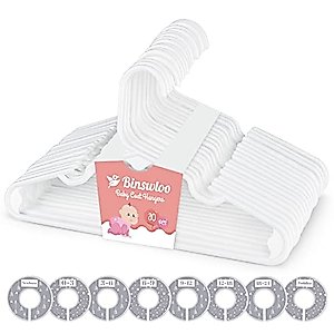 Binswloo Baby Hangers for Nursery, 30Pcs Plastic Kids Hangers, Small Children's Clothes Hangers with 8Pcs Baby Closet Dividers, Great as Infant & Toddler Hangers, 11.4 Inch, White