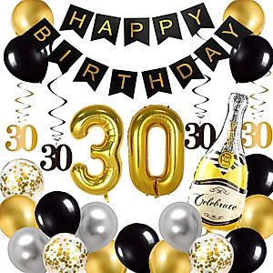 BRT Bearingshui Black and Gold 30th Birthday Party Decorations for Him Her, Happy Birthday Banner, Number 30 Foil Balloon, Black and Gold Birthday Decorations Supplies