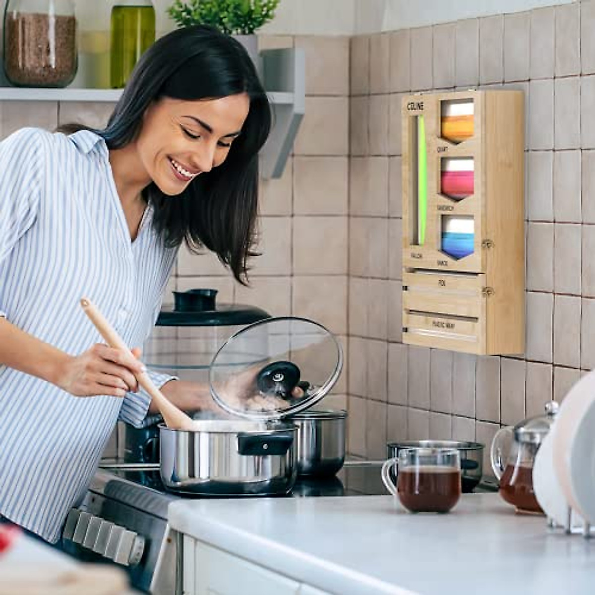 Ziplock Bag Organizer together with Foil and Plastic Wrap Dispenser with Cutter, Ziplock Bag Storage Organizer for Drawer or Wall, Zip Lock Sandwich Baggie Container Organization - Bamboo