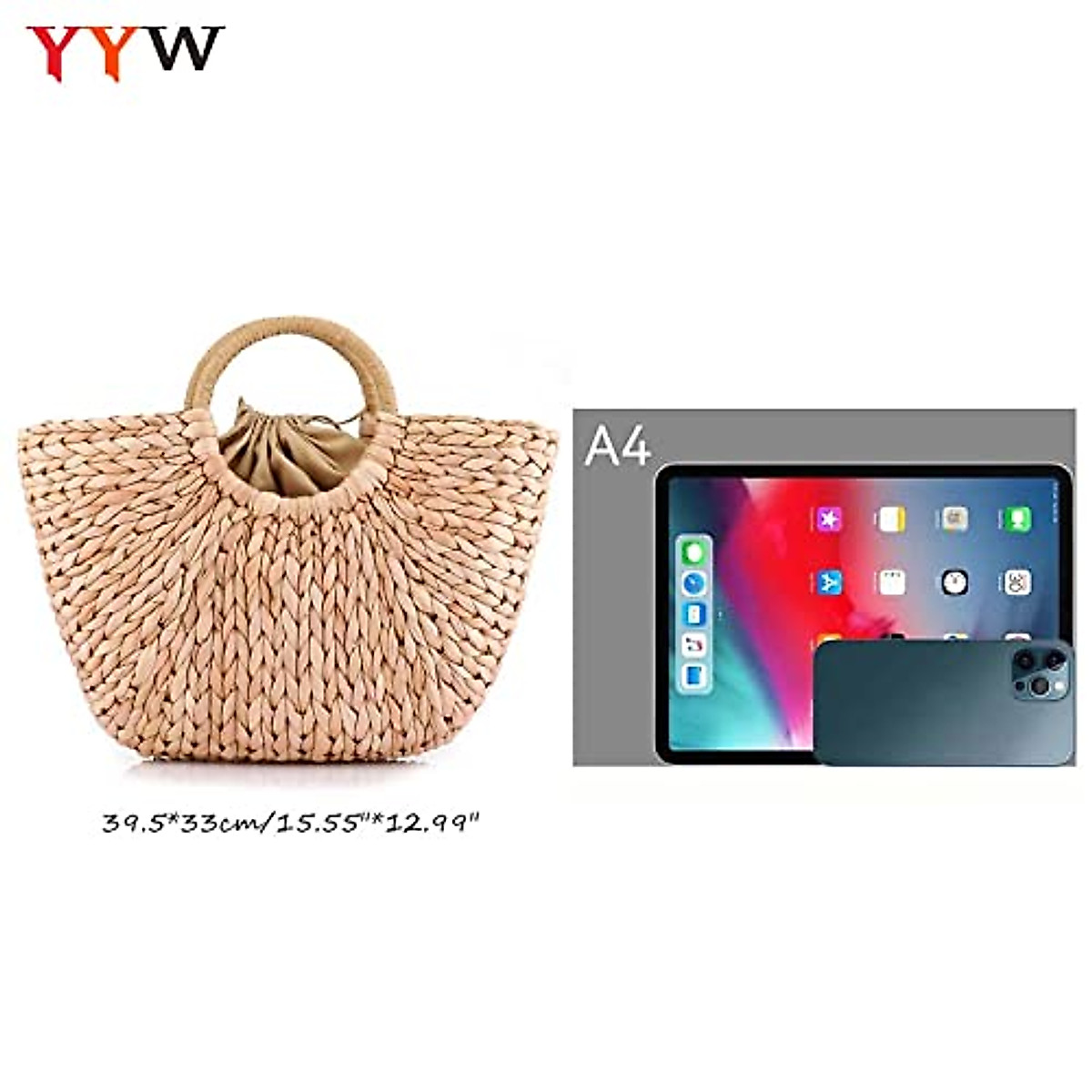Summer Rattan Bag for Women Straw Hand-woven Top-handle Handbag Beach Sea Straw Rattan Tote Clutch Bags (Khaki)