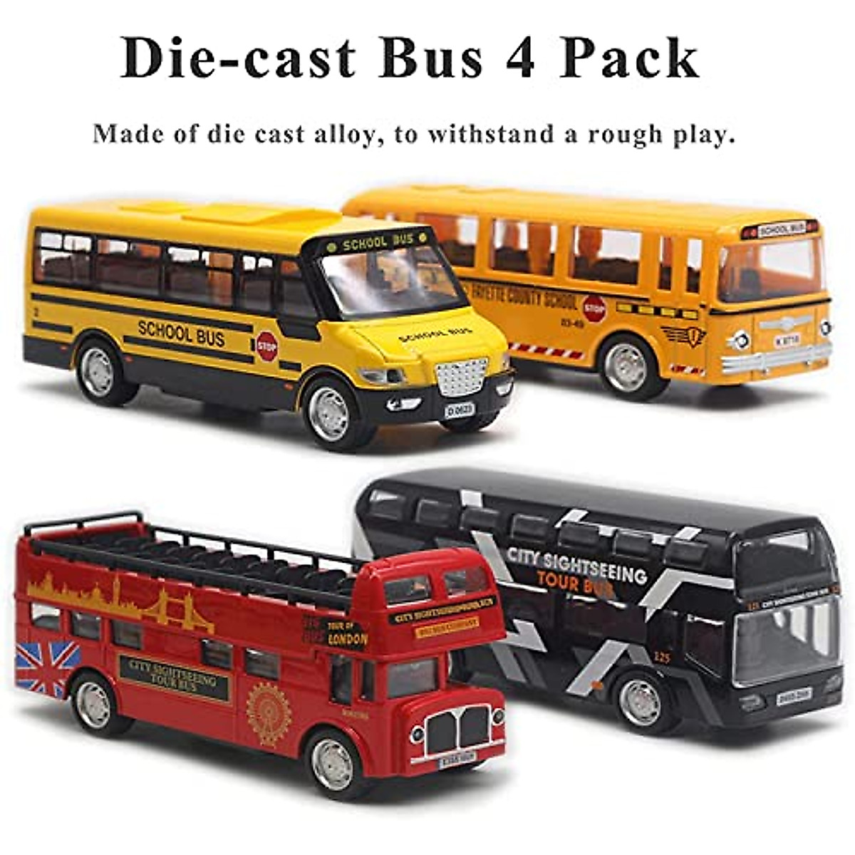OTONOPI Bus Toys Die Cast Metal Toy Cars Pull Back School Bus Double Decker London Vehicles Friction Powered City Sightseeing Tour Bus Play Vehicle Toy Set for Kids 4 Pack
