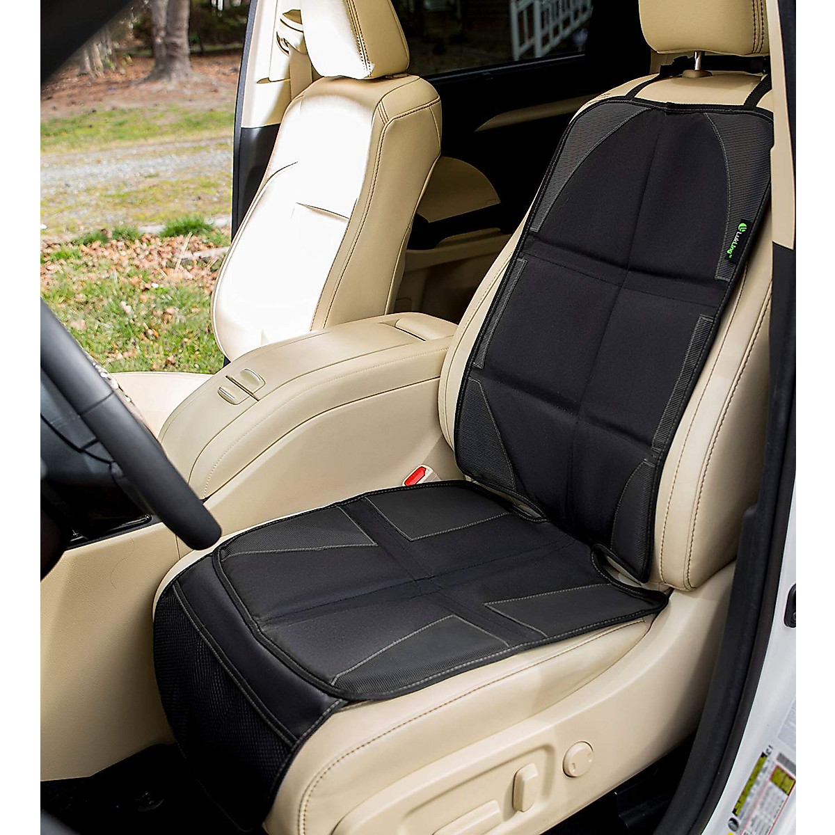 Lukling Car Seat Protector with Thickest and Largest Pad for Leather Seats in Luxury Cars ­- 2 Mesh Organizer Pockets -­ Works Great with Children and Pets, (Black with Black Stitching)