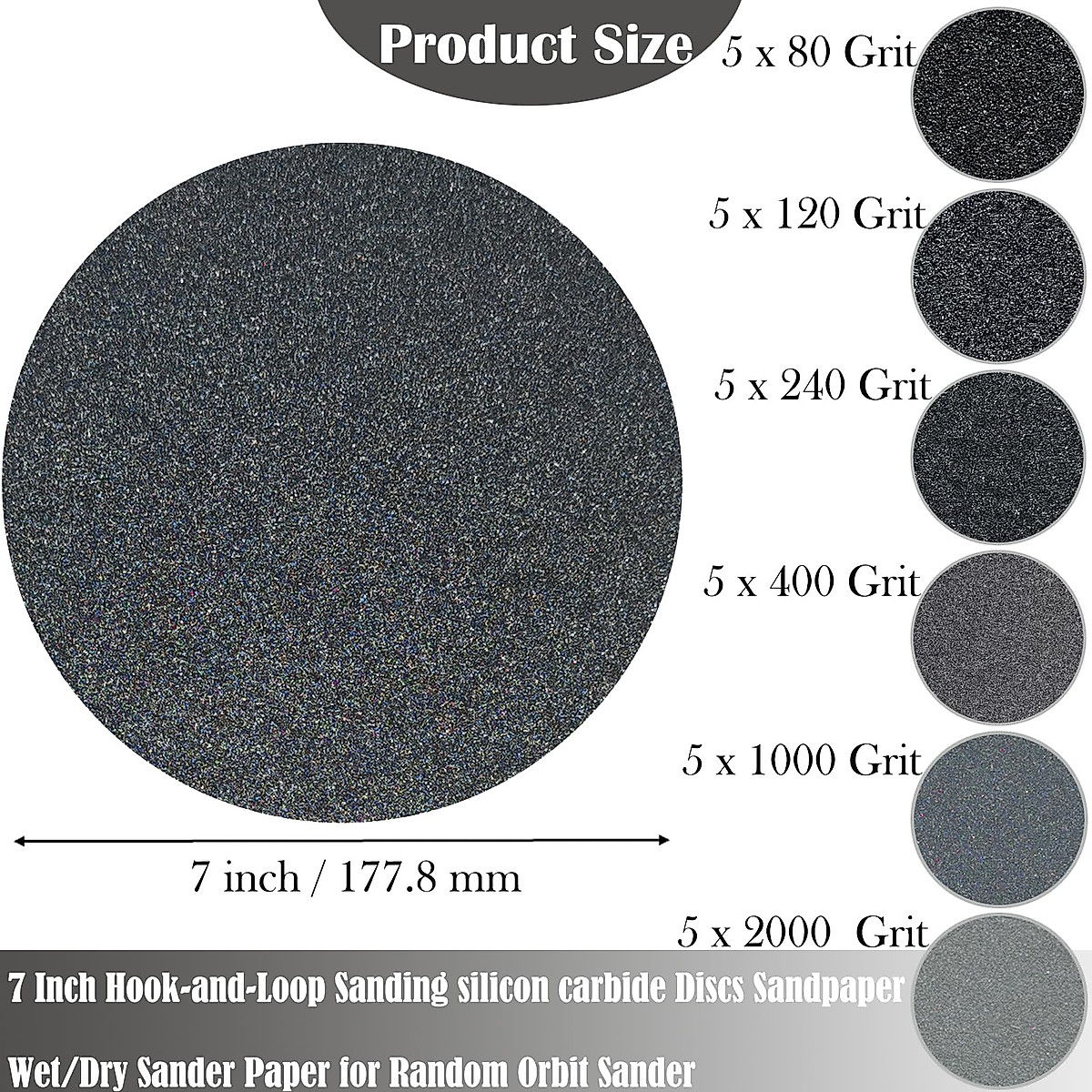Tonmp 30 PCS 7 Inch Hook-and-Loop Sanding Silicon Carbide Discs Sandpaper - 5 pcs Each of 80 120 240 400 1000 and 2000 Grits Wet/Dry Sander Paper for Random Orbit Sander