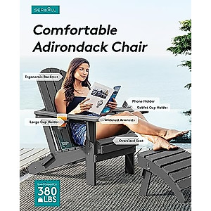 SERWALL Foldable Adirondack Chair, HDPE Adirondack Chair with Wood-Texture-Gray