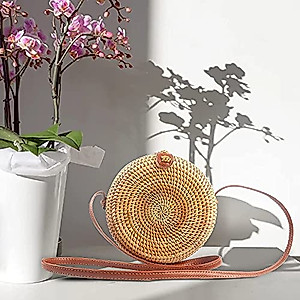 DODOPEN Crossbody Bags for Women,100% Natural Handwoven Round Rattan Bag Straw Bags Satchel Shoulder Leather Strap Natural Chic
