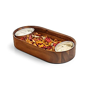 nambe Oblong Nest Chip and Dip Serving Bowl | Wooden Appetizer Platter Set with Oven Safe Metal Dip Cup for Salsa, Guacamole, Nacho, Vegetables | Measures at 13” L x 6.5” W | Designed by Neil Cohen