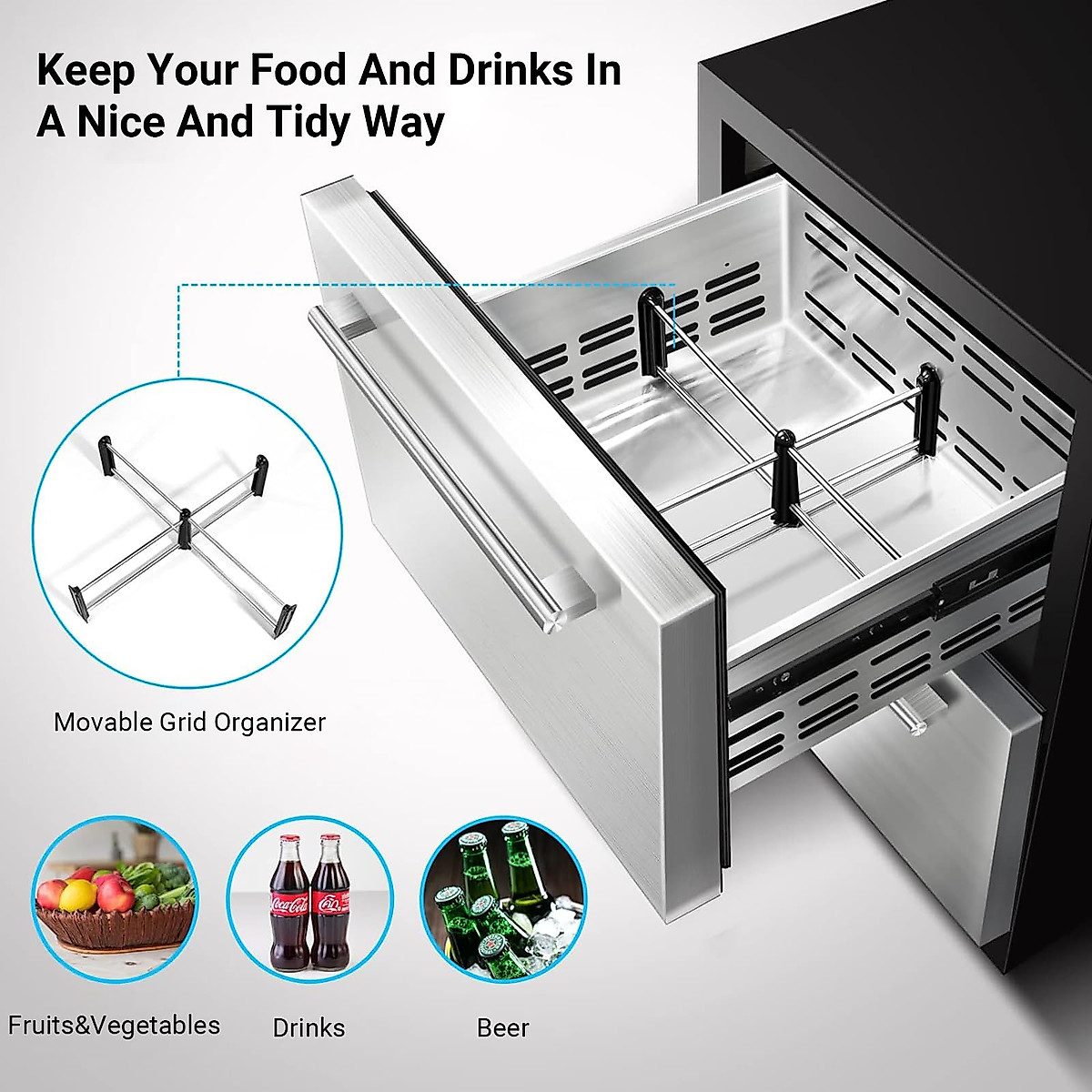BODEGACOOLER 24 Inch Outdoor Beverage Refrigerator,Under Counter Double Drawer Fridge Stainless Steel,Built-in Outdoor Drawer Beverage Cooler for Soda Drink,Beer 149 Cans for Home,Commercial