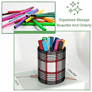 VIOQXI Classical Stripes Print Plaid Black Red White Pencil Cup for Desk Stand, Round Pen Holder Cup Pencil Cute, Pen Cup Pot Organizer Case, Make up Brush Holder for Women