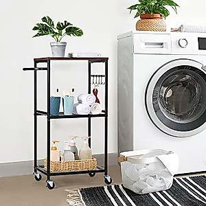 NANANARDOSO Kitchen Cart on Wheels, 3 Tier Mesh Utility Storage Cart, Wood Look Top and Metal Frame Rolling Pantry Cart for Kitchen, Living Room, Laundry Storage, Rustic Brown.