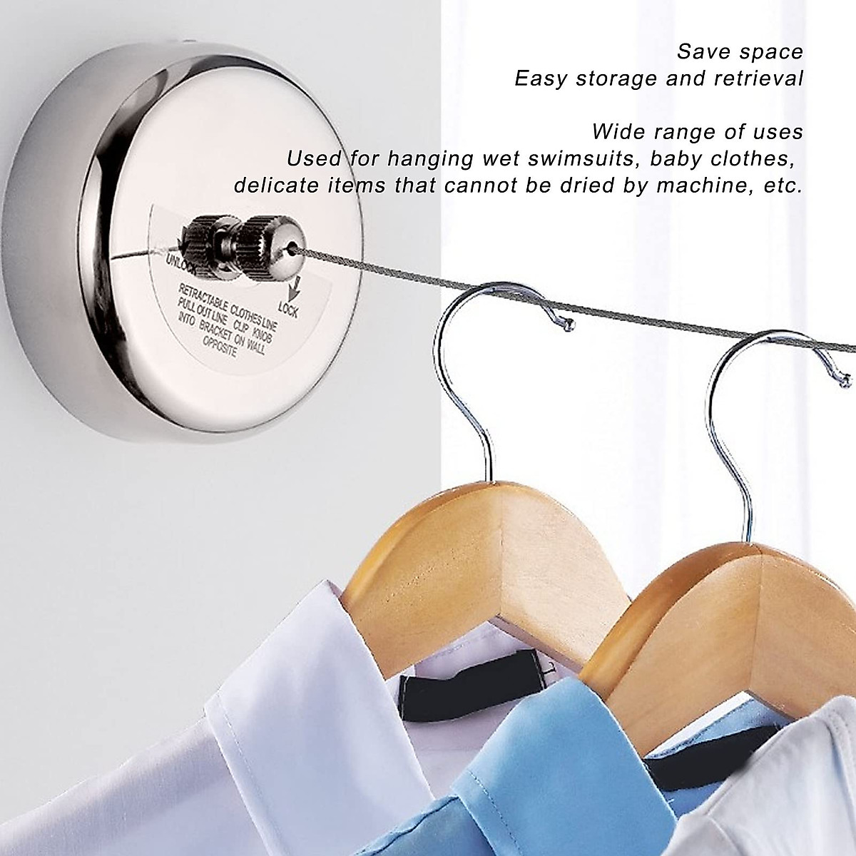 Tissting Retractable Clothesline 304 Stainless Steel Auto Retraction Clothes Line Dryer Double Pulley Laundry String for Bathroom, Laundry, Hotel(3.8m)