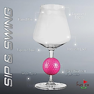 FunPro Crystal Wine Glass with Real Golf Ball - Set of 2, Patent Pending, Hand Blown Premium Genuine Crystal Clear Wine Glass, Modern Long Stem White & Red Wine Glass for Party, Wedding & Home, Pink